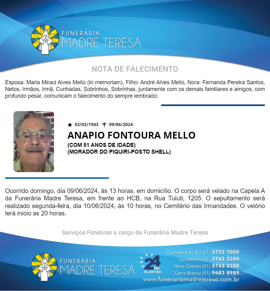 NOTA FÚNEBRE I ANAPIO FONTOURA MELLO